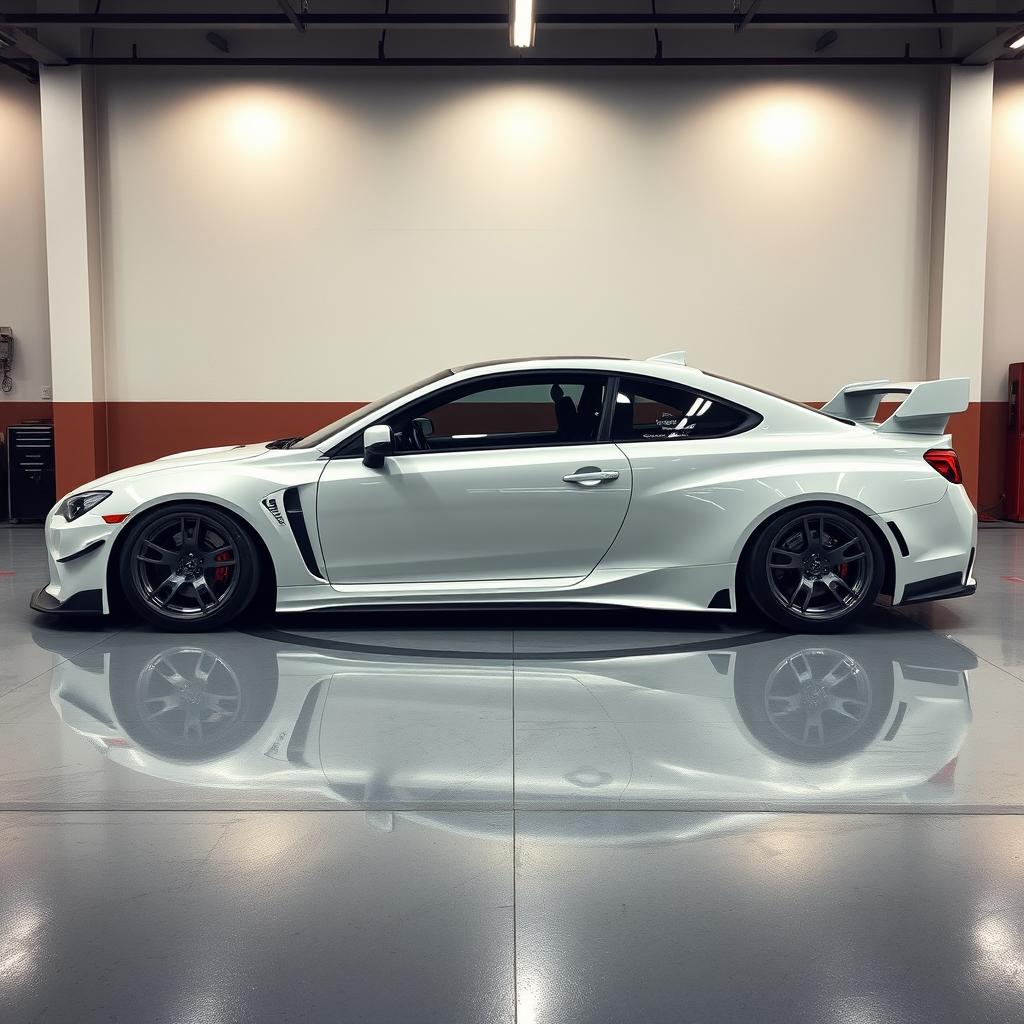 Sleek Custom Automotive Floor Plan with Low-Profile Car and Sport Wheels