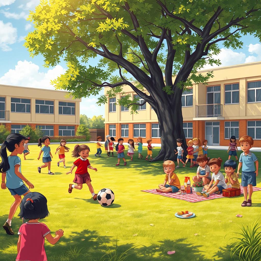 Nostalgic School Days: A Vibrant Sunny Scene with Joyful Children