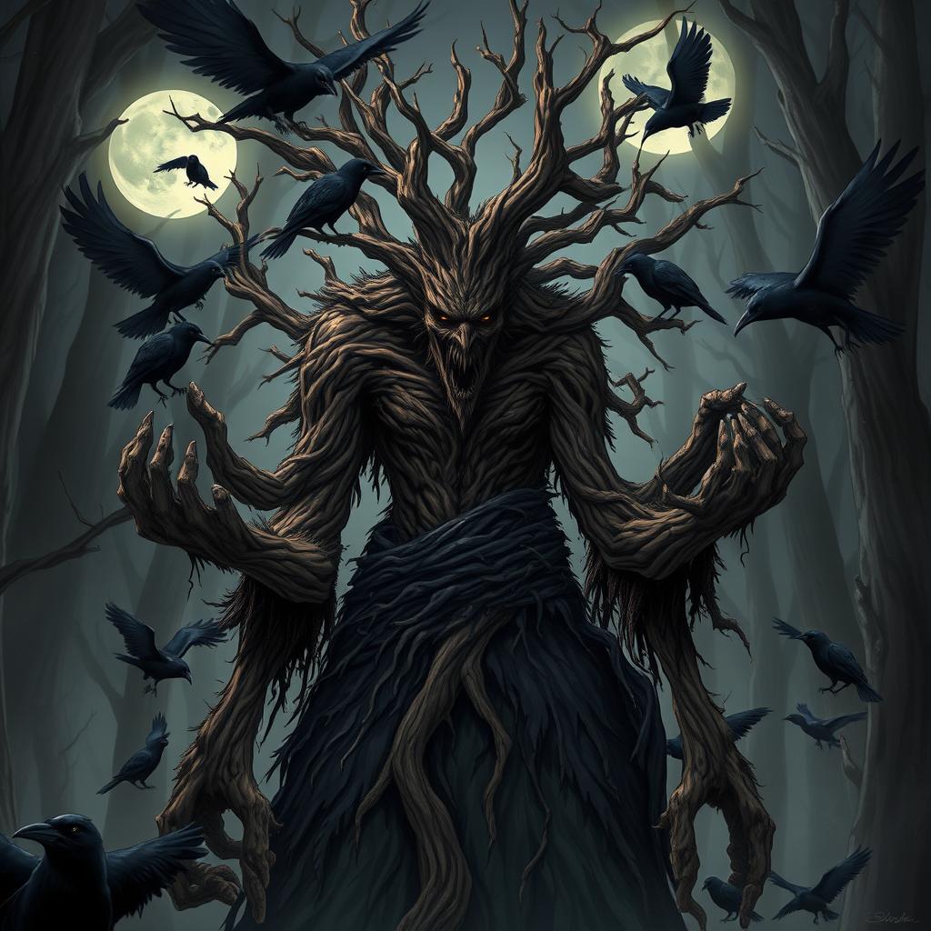 Eerie Anime Character Design: Sinister Tree-Man Hybrid