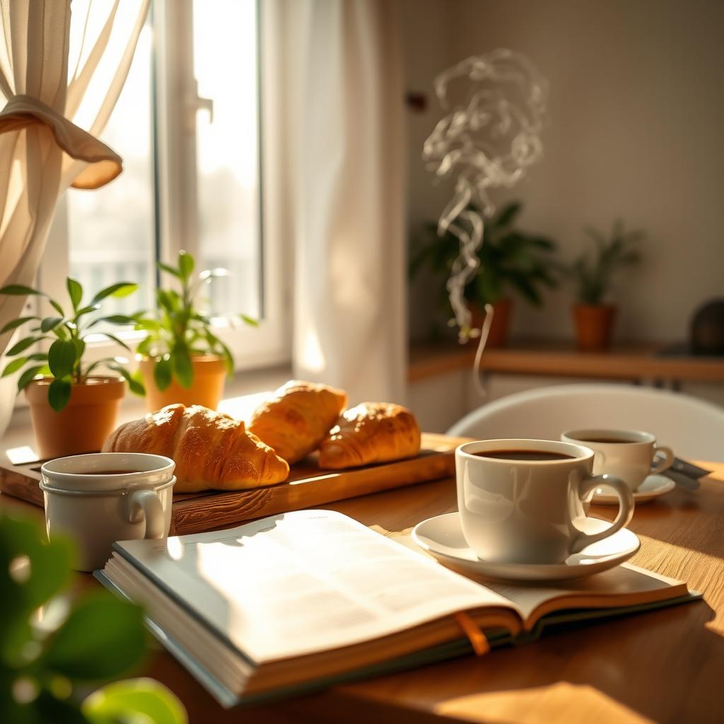 Cozy Morning Kitchen Scene with Coffee and Pastries