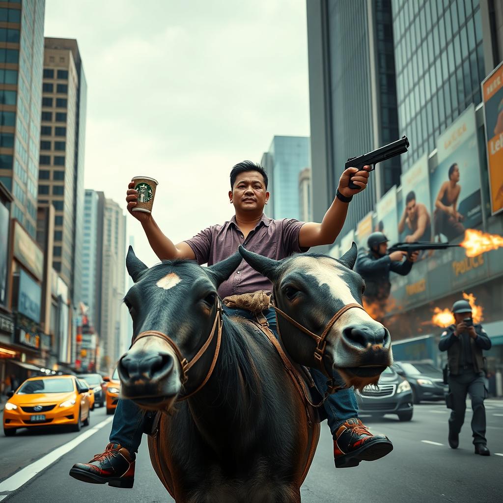 Surreal Juxtaposition: A Filipino Rider and Urban Chaos