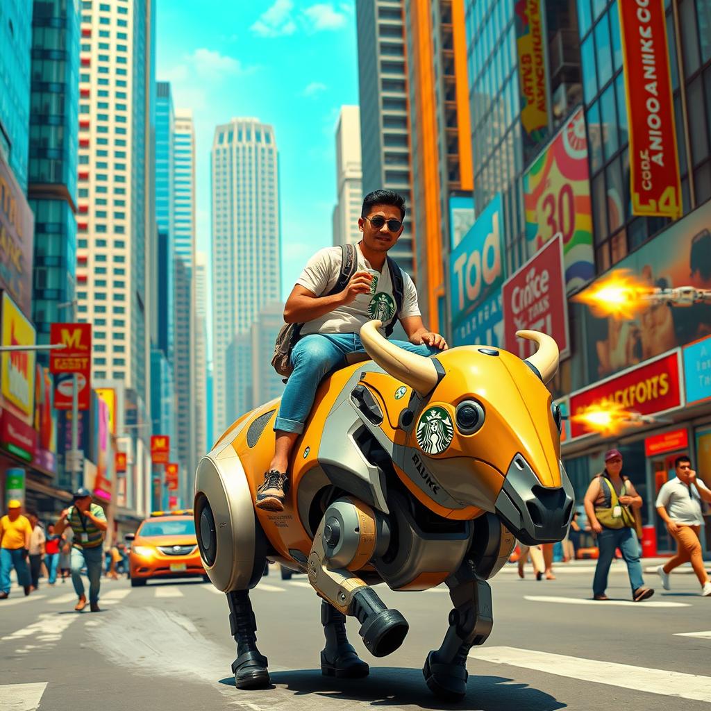 Futuristic Filipino Adventure: Riding a Robot Carabao in a Vibrant City