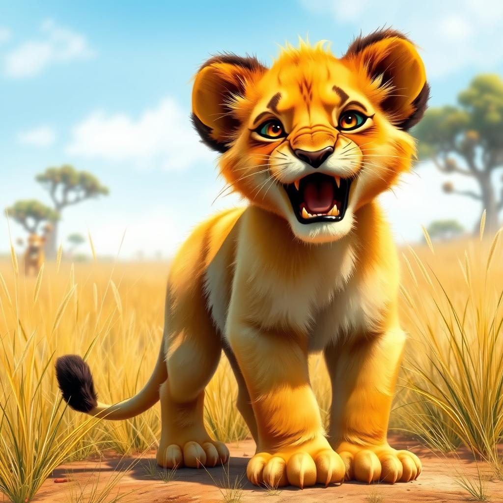 Majestic Baby Lion Roaring in Sunlit Savanna