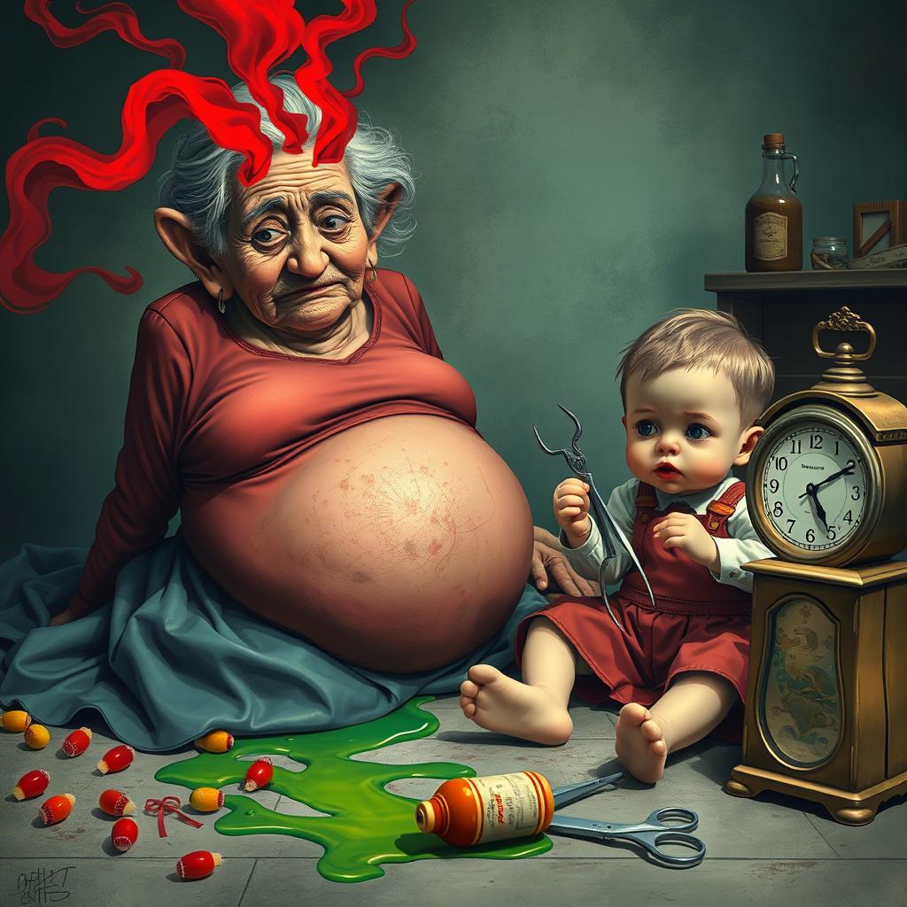 Surreal Art: Elderly Pregnant Woman and Chaotic Scene