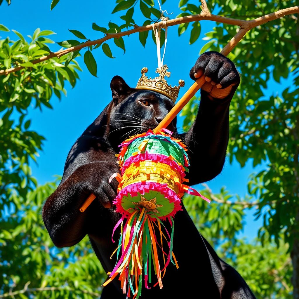 Majestic Black Panther Playfully Strikes Colorful Piñata