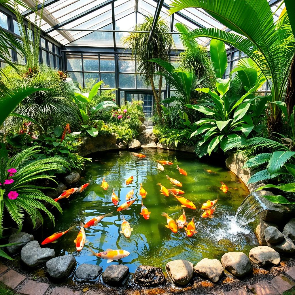 Tranquil Koi Pond in a Lush Greenhouse - Idyllic Imagery