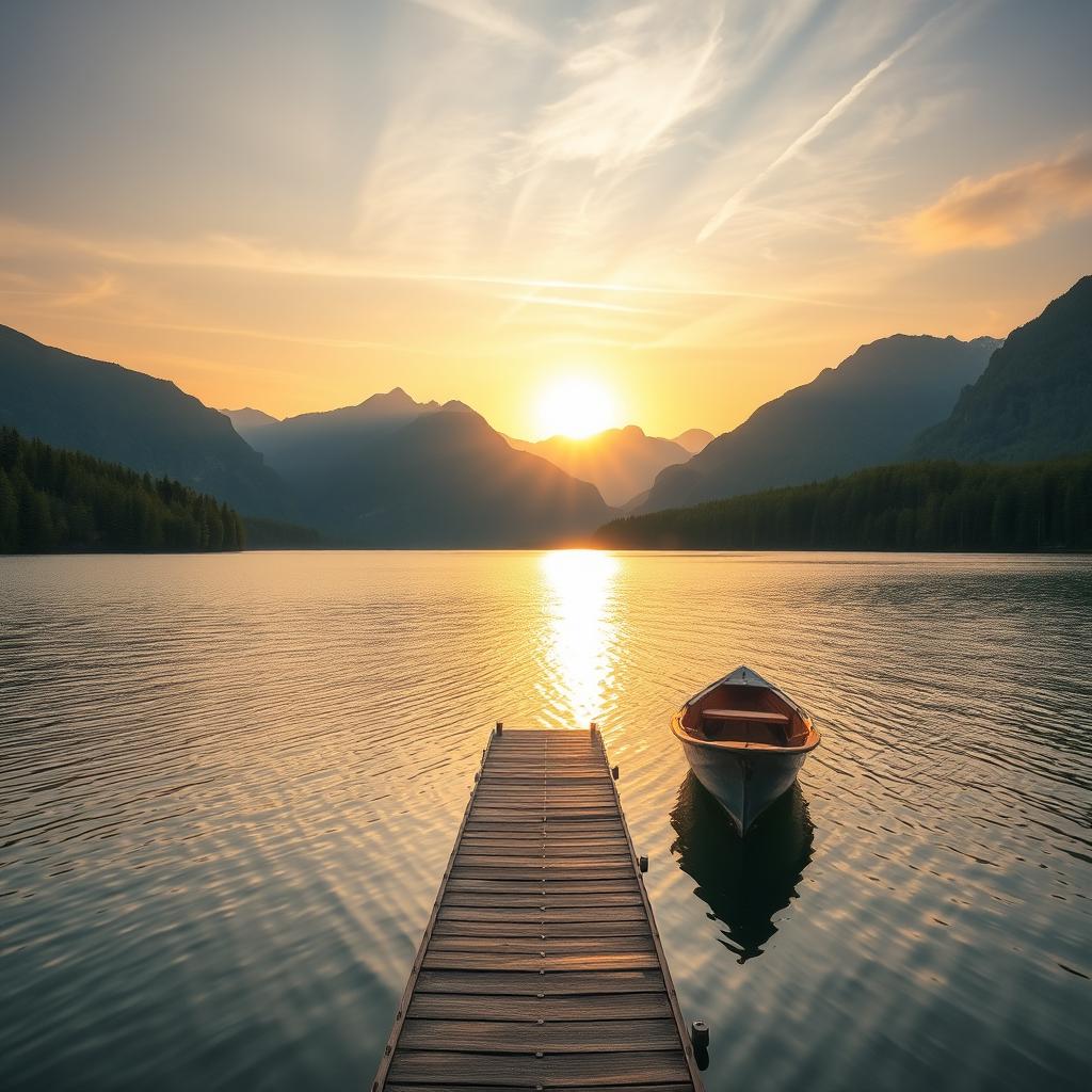 Serene Lakeside Sunset: Majestic Landscapes Captured by AI