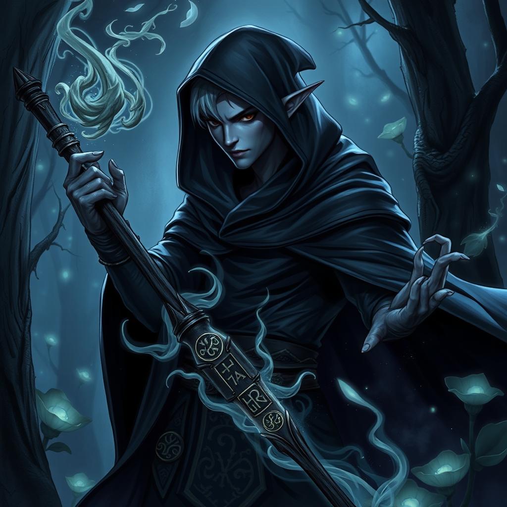 Mysterious Dark Elf Wielding Magic in Enchanted Forest