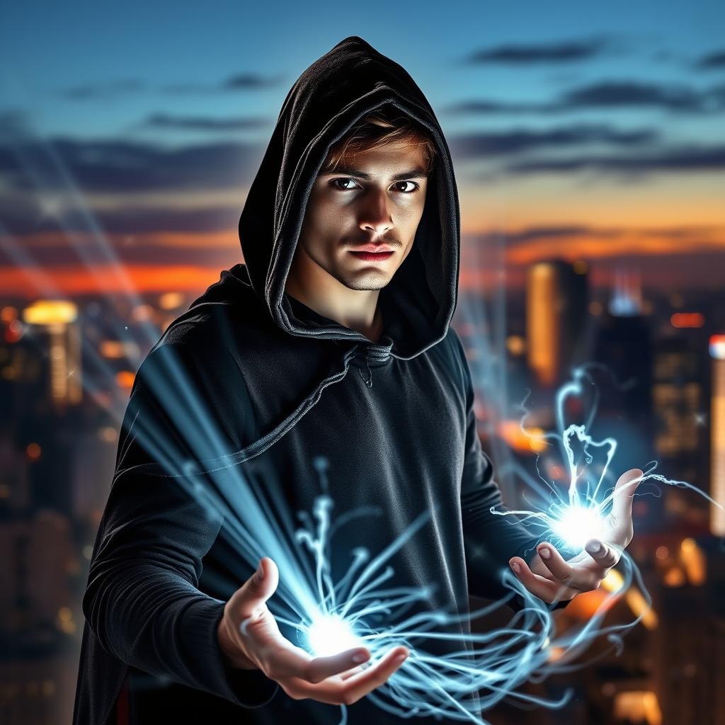 Mystical Shadow Manipulator in Enchanting Cityscape