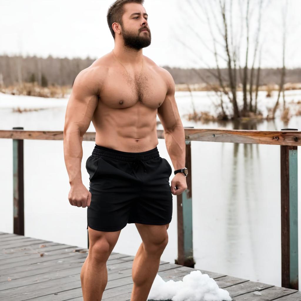 Winter Confidence: A Muscular Man on a Frozen Lake