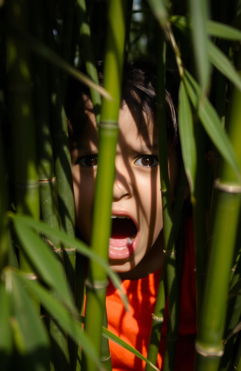 A Terrified Girl Hiding Among Bamboo: A Suspenseful Scene