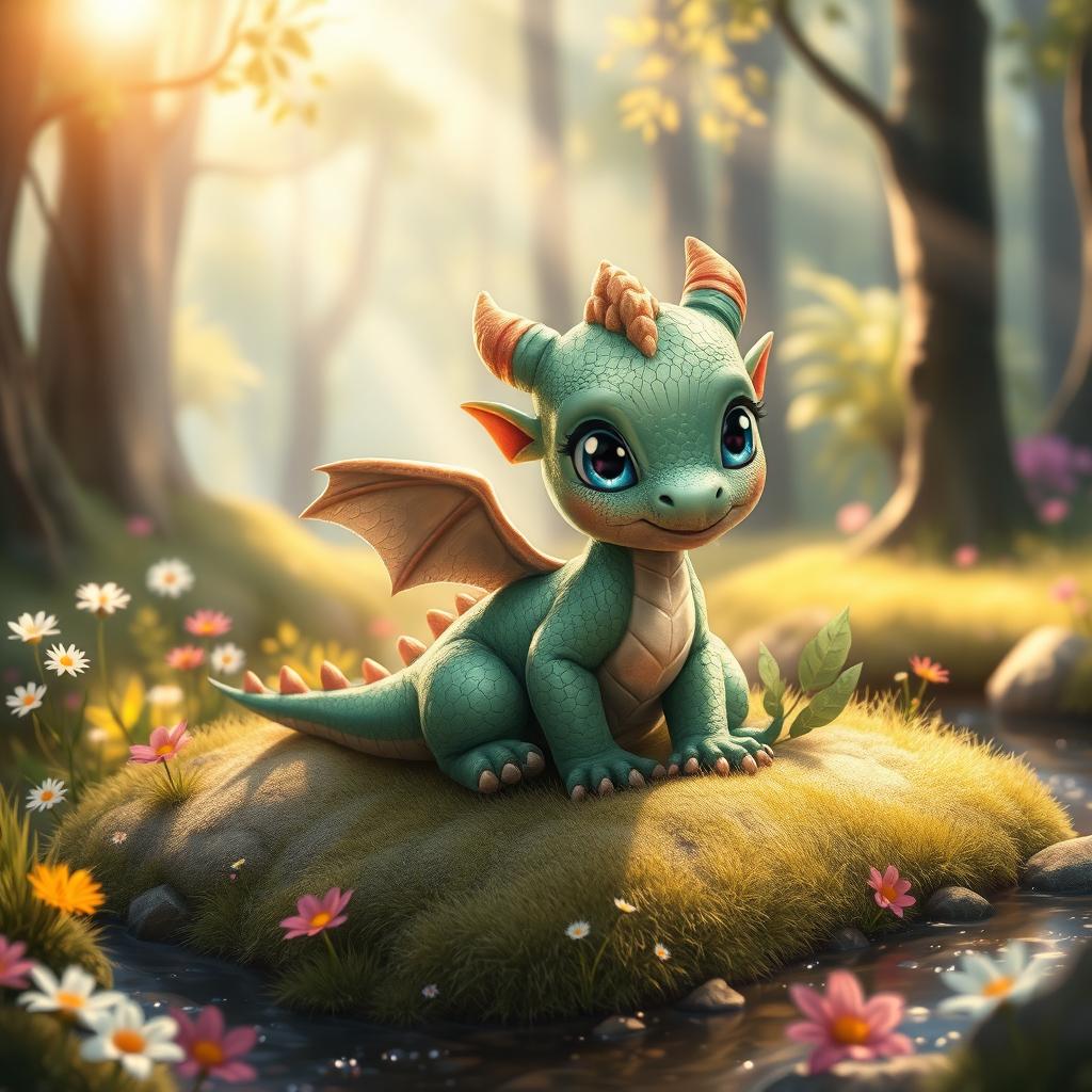 Whimsical Baby Dragon in a Magical Forest | Idyllic