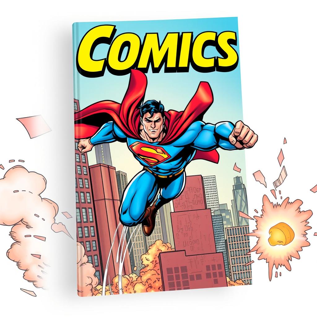 Dynamic Comic Book Cover Featuring a Superhero in Action