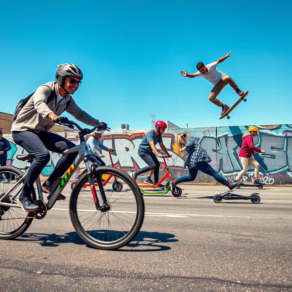 Vibrant Urban Scene: A Celebration of Wheeled Transportation