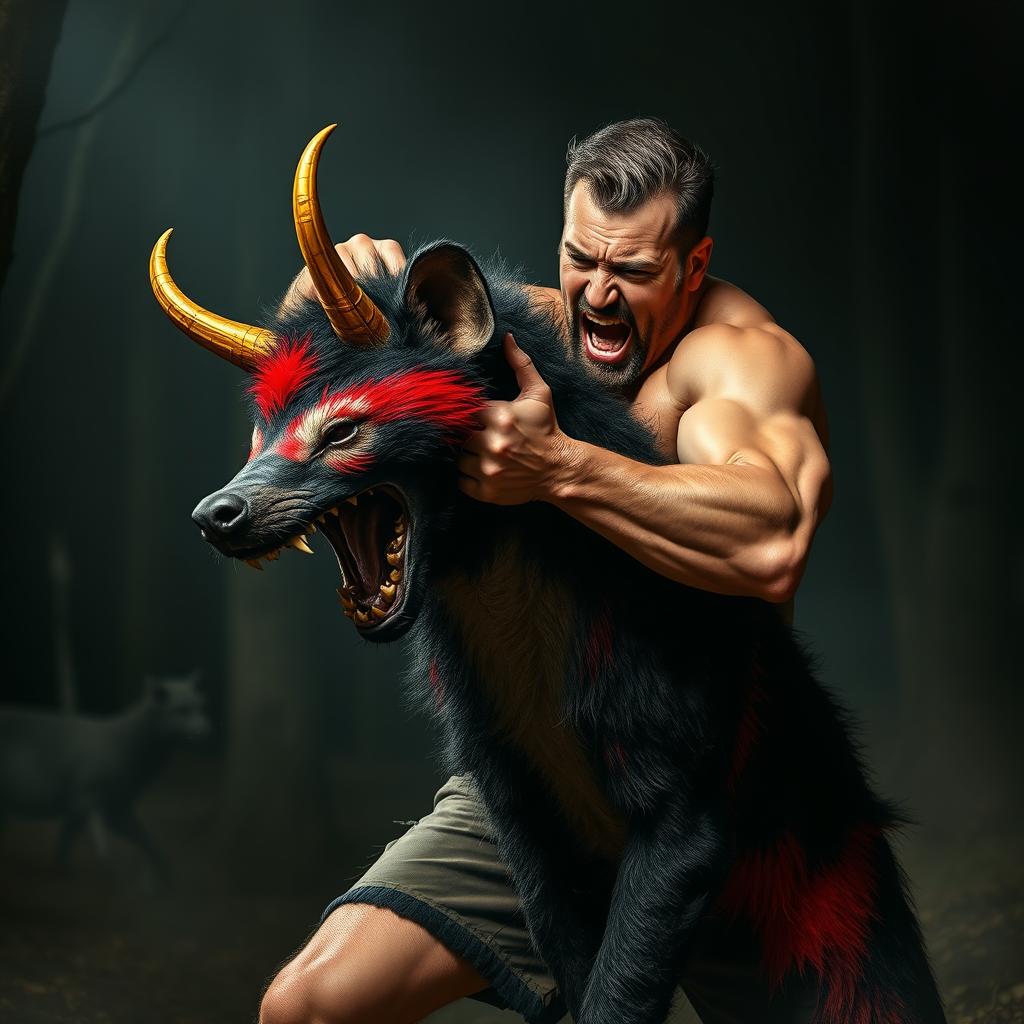 Intense Showdown: Man vs. Humanoid Hyena in a Dark Forest