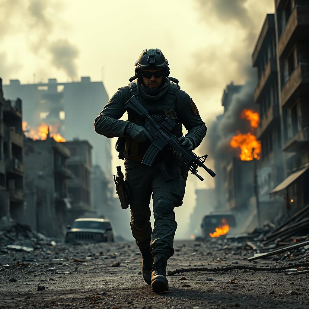 Dramatic Soldier Exploration in a War-Torn Cityscape