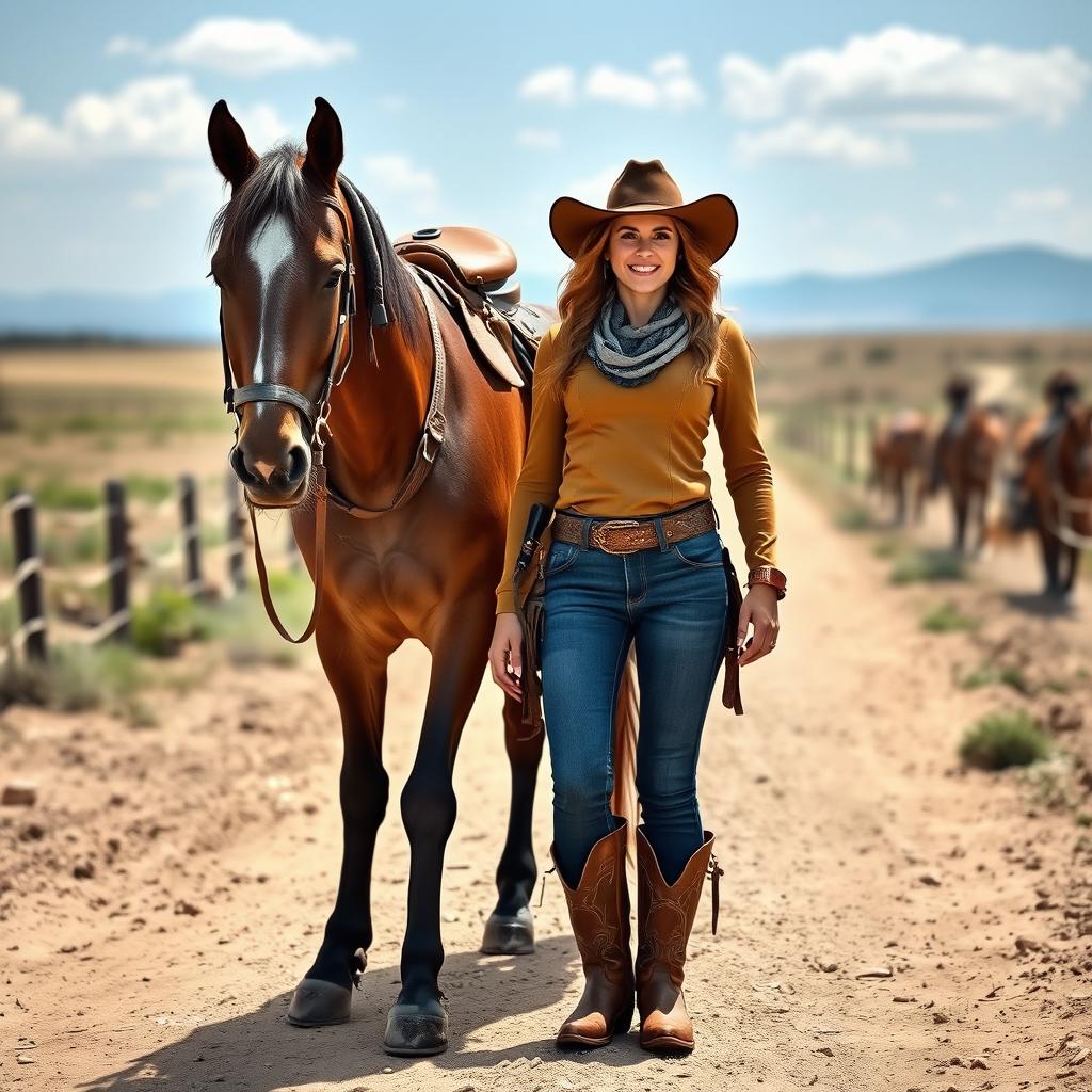 Embrace the Cowboy Spirit: A Woman and Her Horse in a Rustic Landscape
