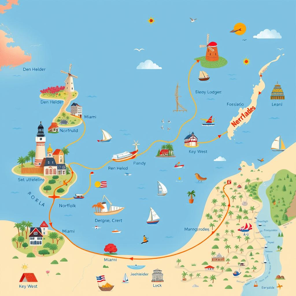 Vibrant Illustrated Travel Map: Journey from Den Helder to the US and Back