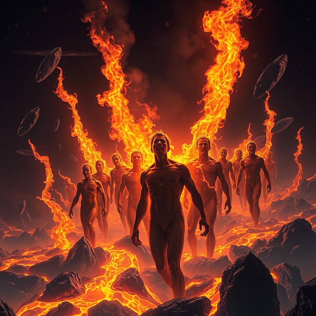 Surreal Flames: A Cosmic Struggle of Humans in a Fiery Void