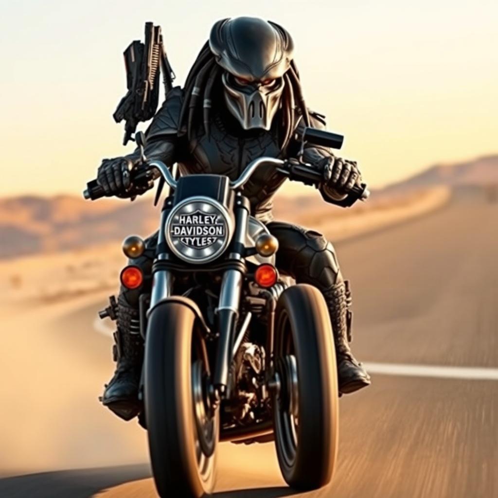 Fierce Predator Alien Rides Harley-Davidson: A Dynamic Adventure Scene