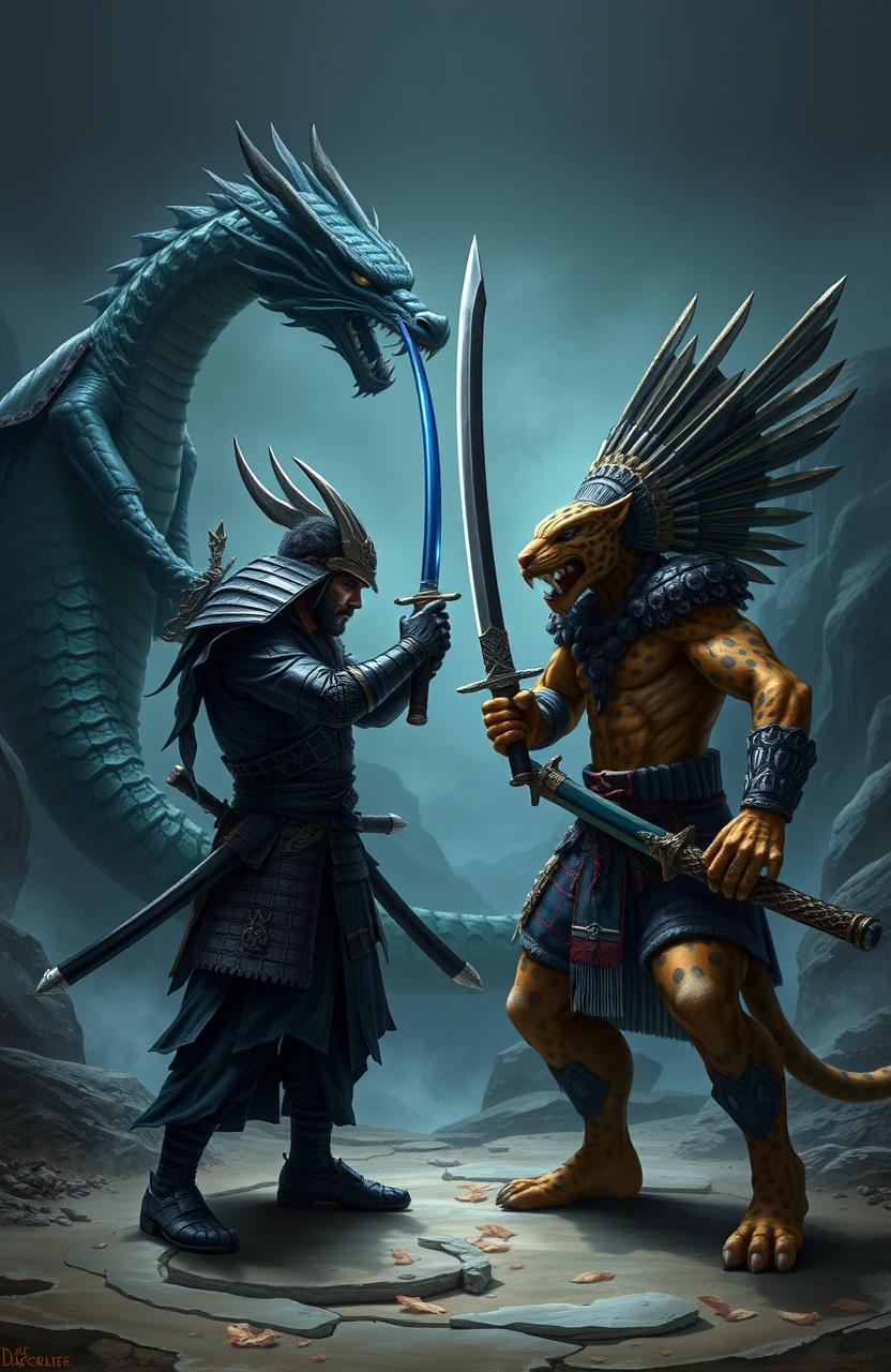 Epic Showdown: Samurai and Jaguar Beast Warrior with Mythical Creatures