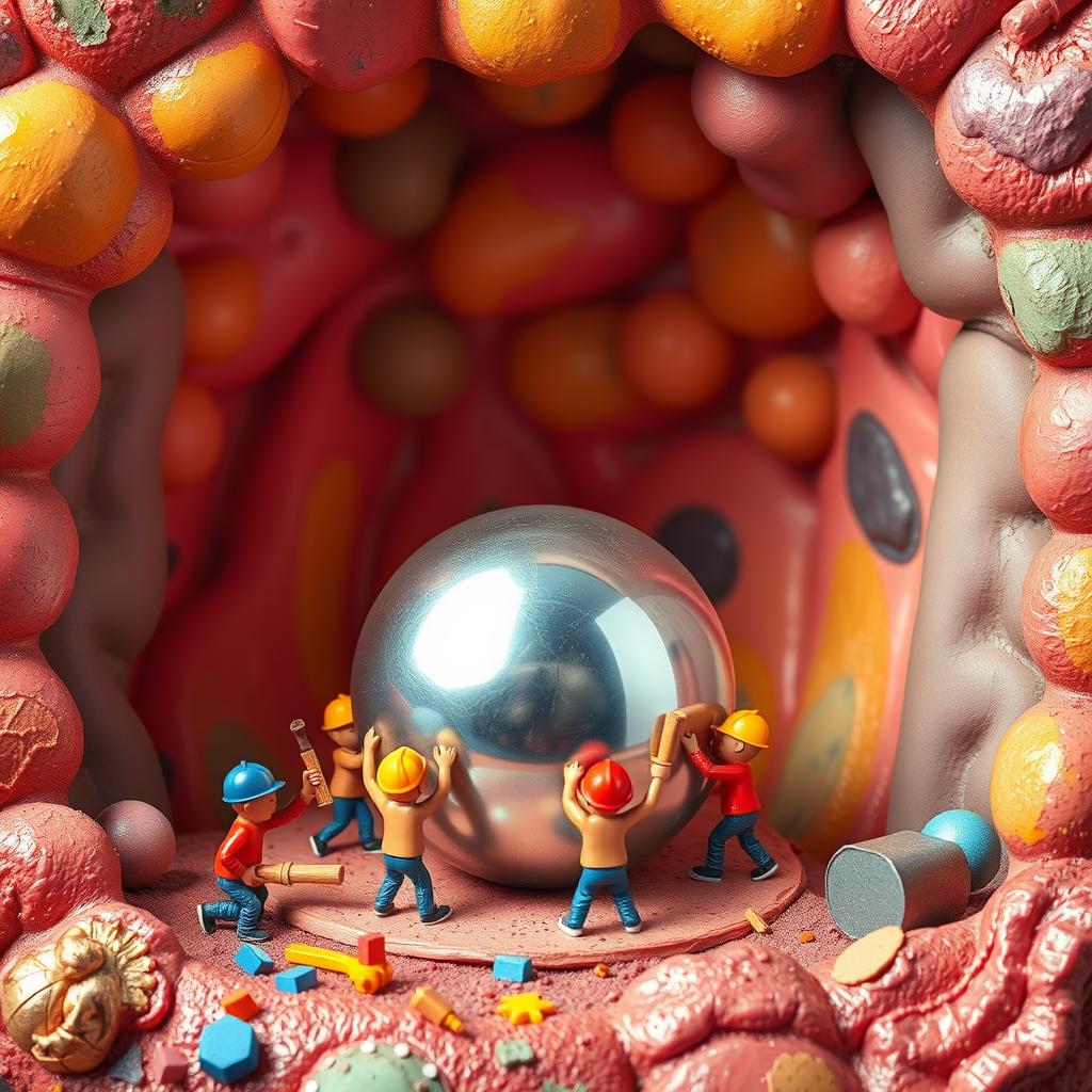 Whimsical Builders Craft a Colossal Ball in a Surreal Stomach Scene