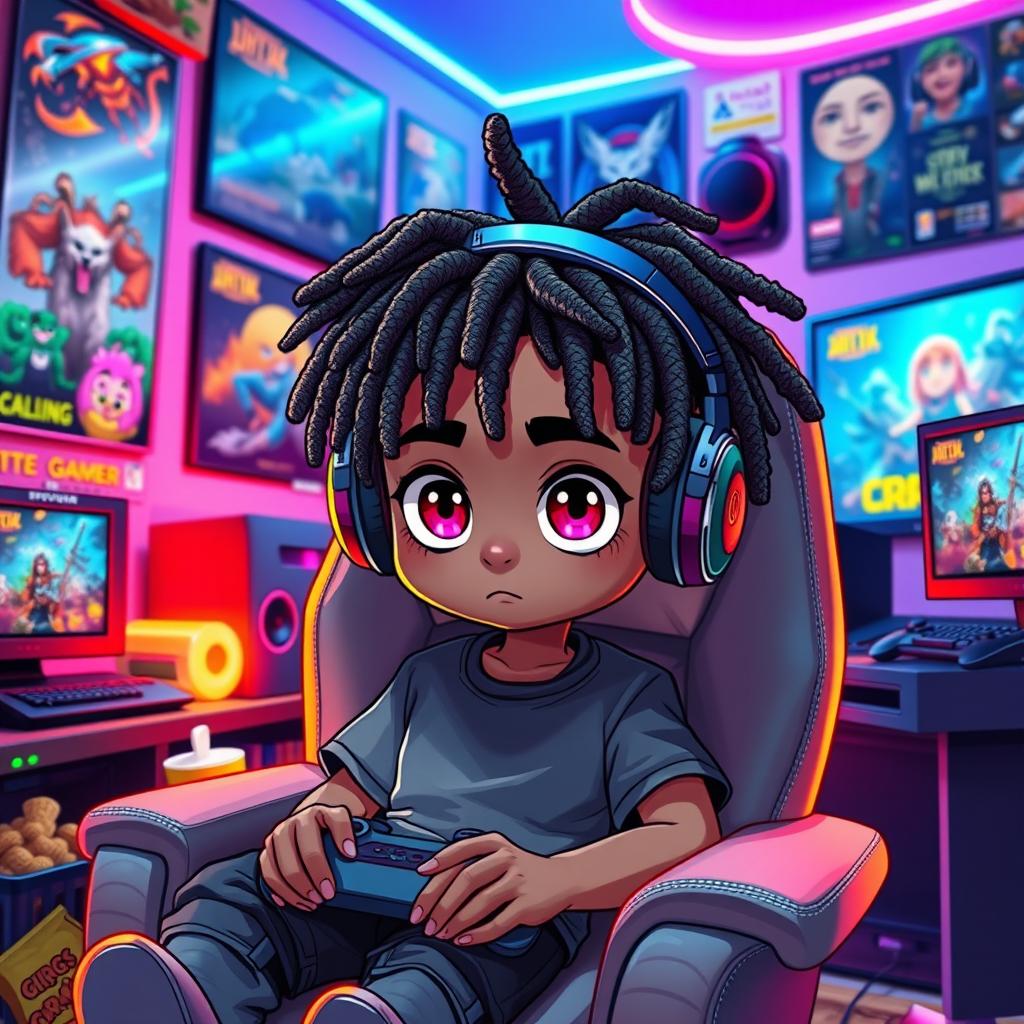 Vibrant Chibi Gamer in a Cozy Gaming Paradise