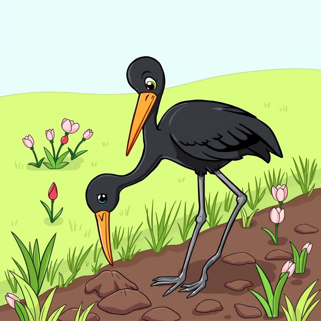Cute Black Stork Coloring Page in a Vibrant Spring Landscape