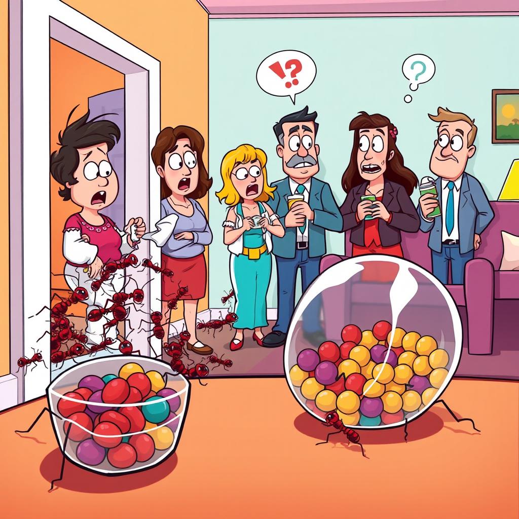 Humorous Cartoon Chaos: Ants Invade Candy Scene