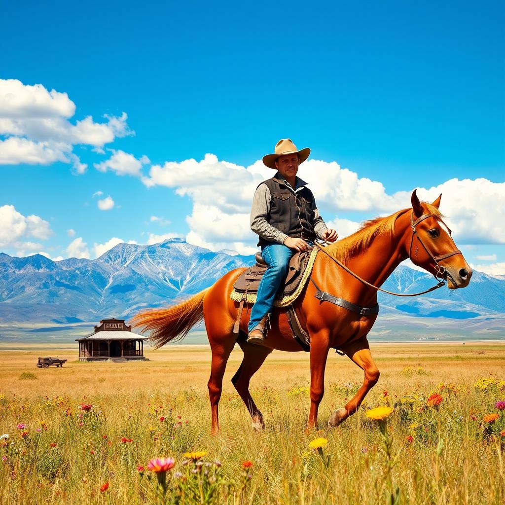 Captivating Western Scene: Cowboy and Chestnut Horse on a Prairie