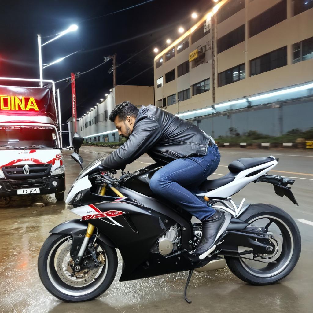 Intense Night Ride: Rider on a Sleek Black Motorcycle
