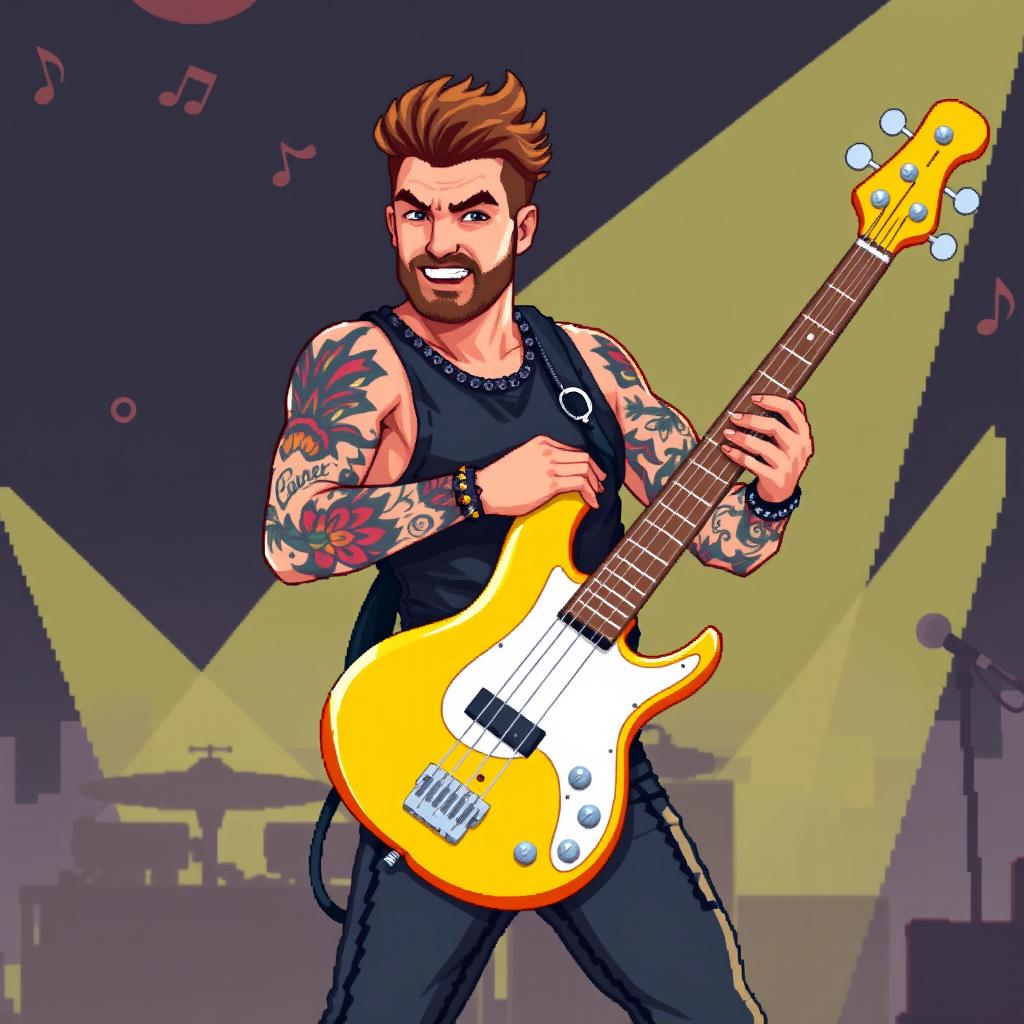 Vibrant 8-Bit Pixel Art of a Rockstar Bass Guitarist