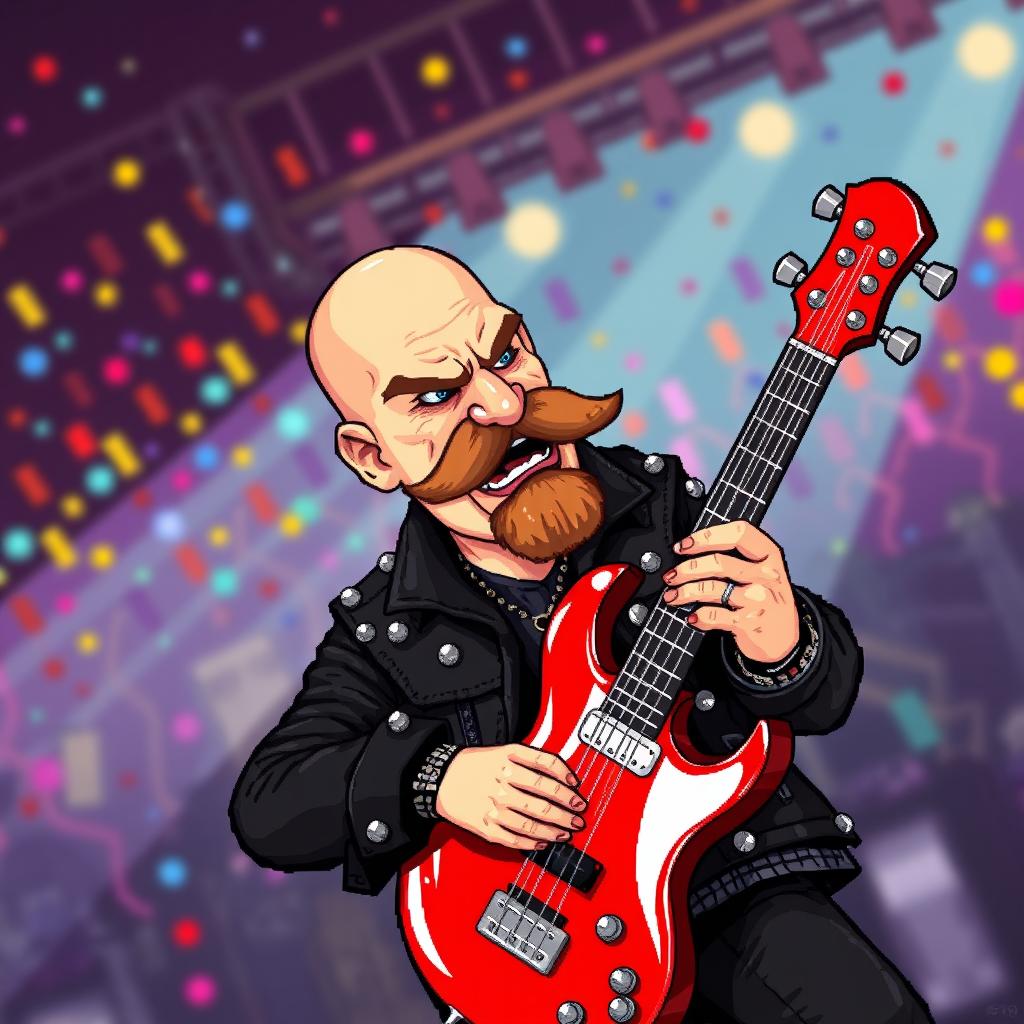 8-Bit Rocker: Retro Pixel Art of a Bald Bass Guitarist