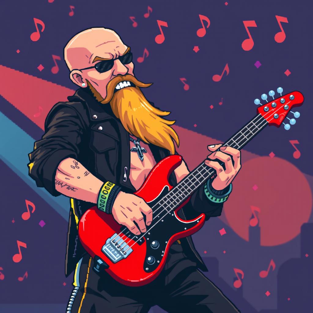 Bald Rocker Jams in 8-Bit Glory | Retro Video Game Aesthetic