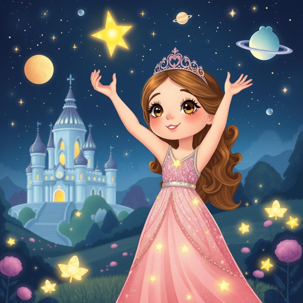 Whimsical Illustration of Princess Zara in the Kingdom of Stars