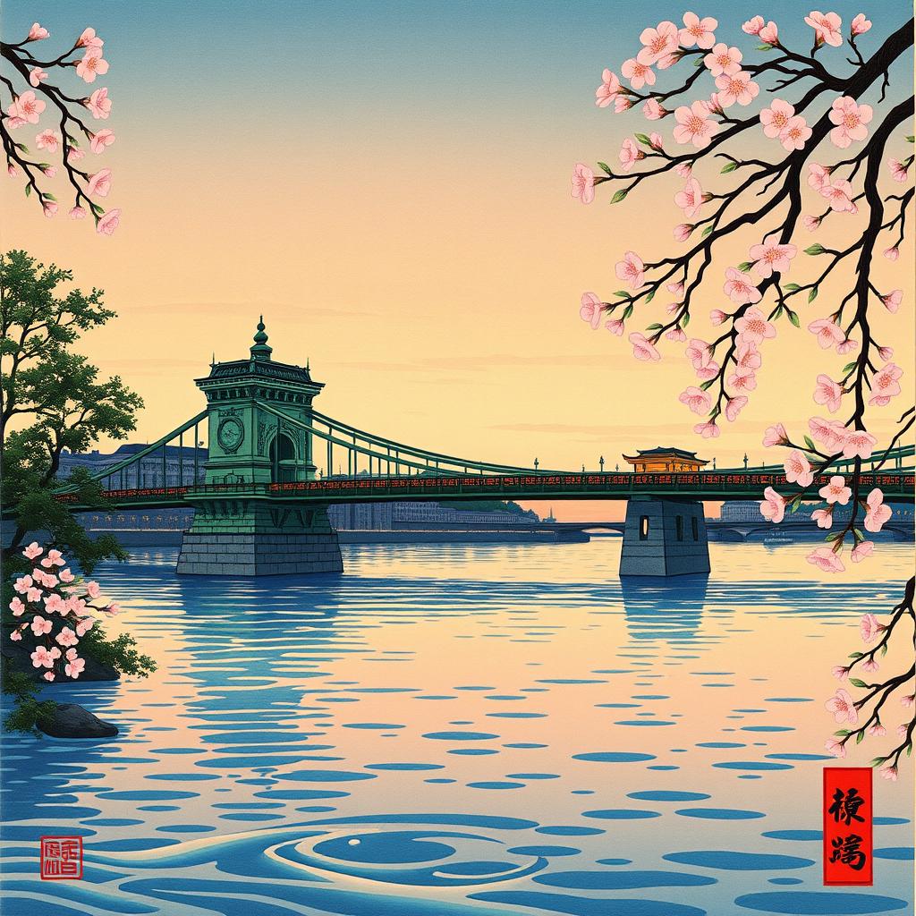 Stunning Japanese Woodblock Print of Budapest's Freedom Bridge
