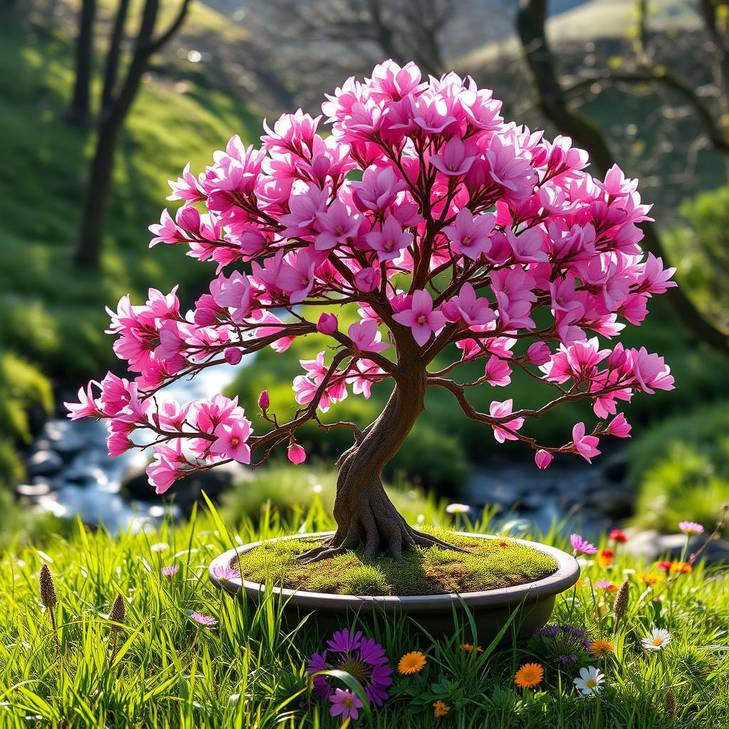 Serene Pink Bonsai Tree - A Tranquil Natural Landscape
