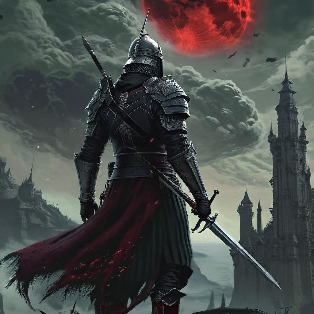 Dark Fantasy Warrior Beneath the Blood-Red Moon