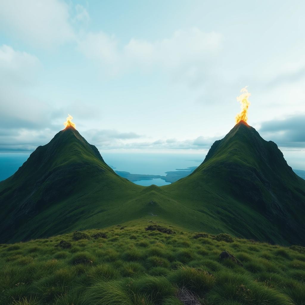 Serene Mountain Landscape: Lush Meadow and Fiery Peaks