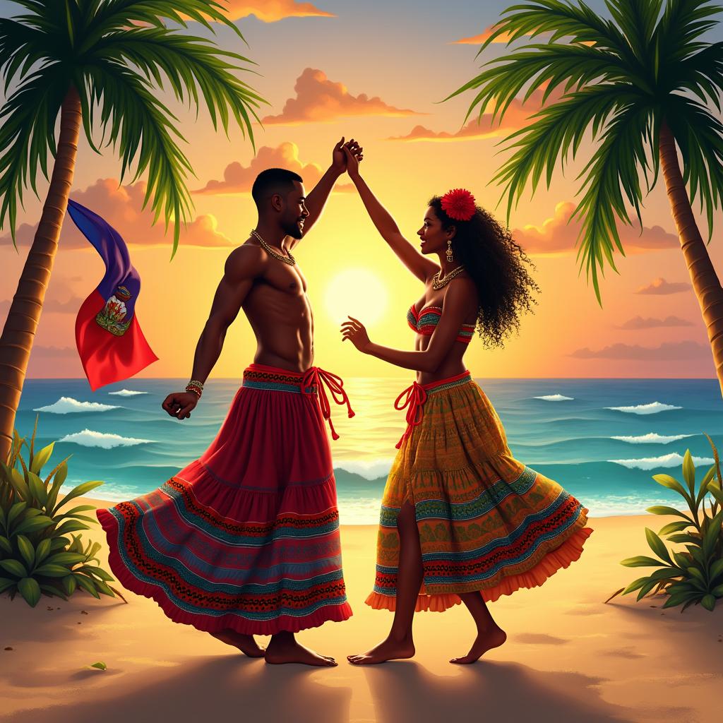 Joyful Haitian Dance at Sunset: A Colorful Beach Celebration