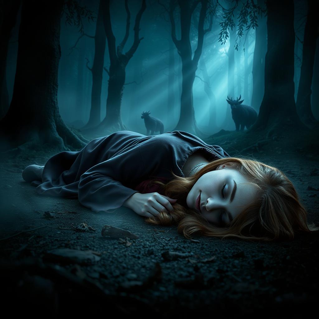 Mystical Scene: Hermione Granger Unconscious in a Dark Forest