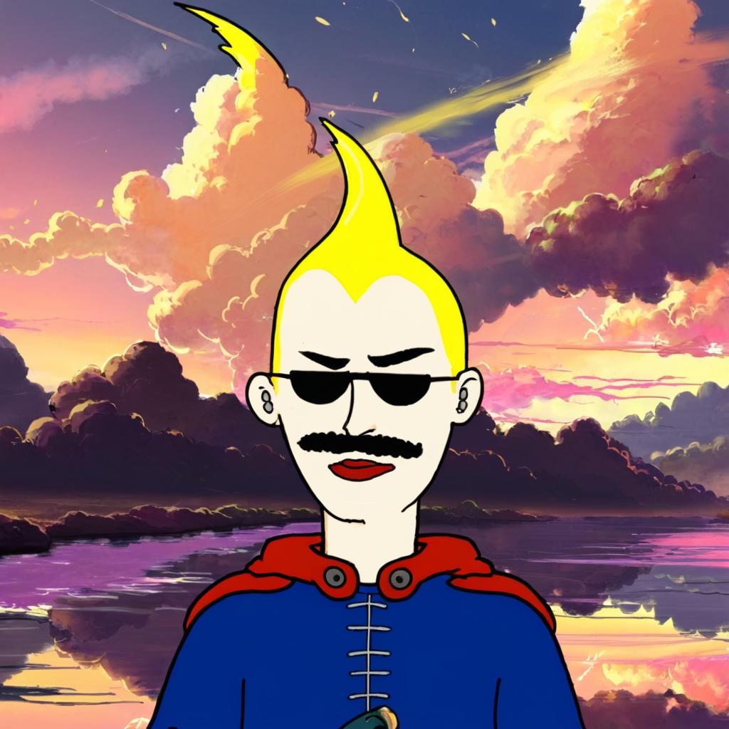 Whimsical Cartoon Superhero: Fishing at Sunset