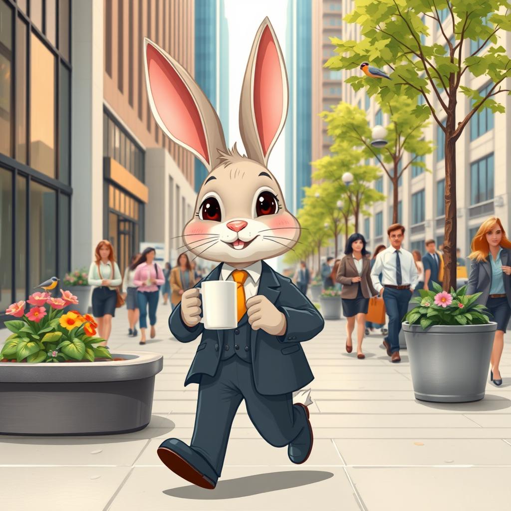 Charming Rabbit in Business Suit: A Cheerful Morning in the City