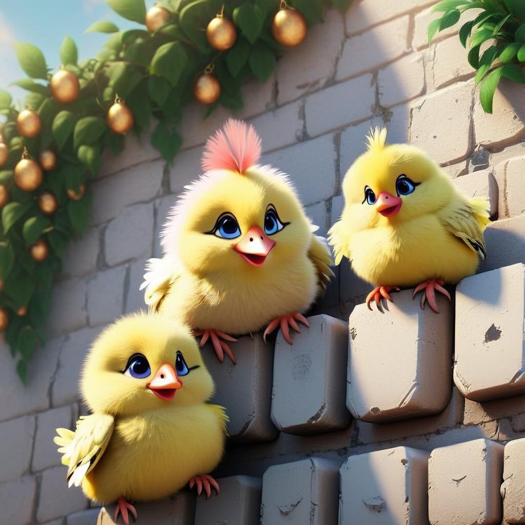 Whimsical Chicks on a Stone Wall – Uplifting Art for Joyful Vibes