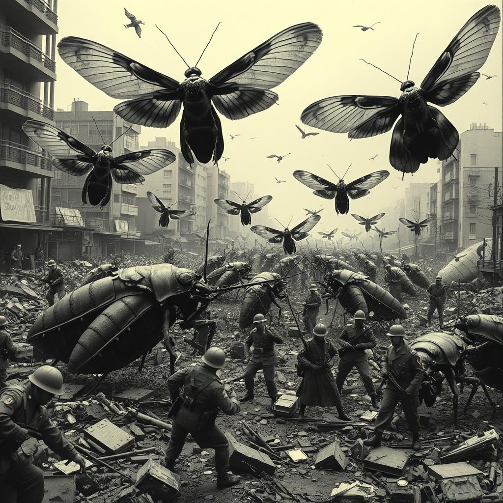 Epic Dystopian Battle: Cockroaches vs Moths in a War-torn City