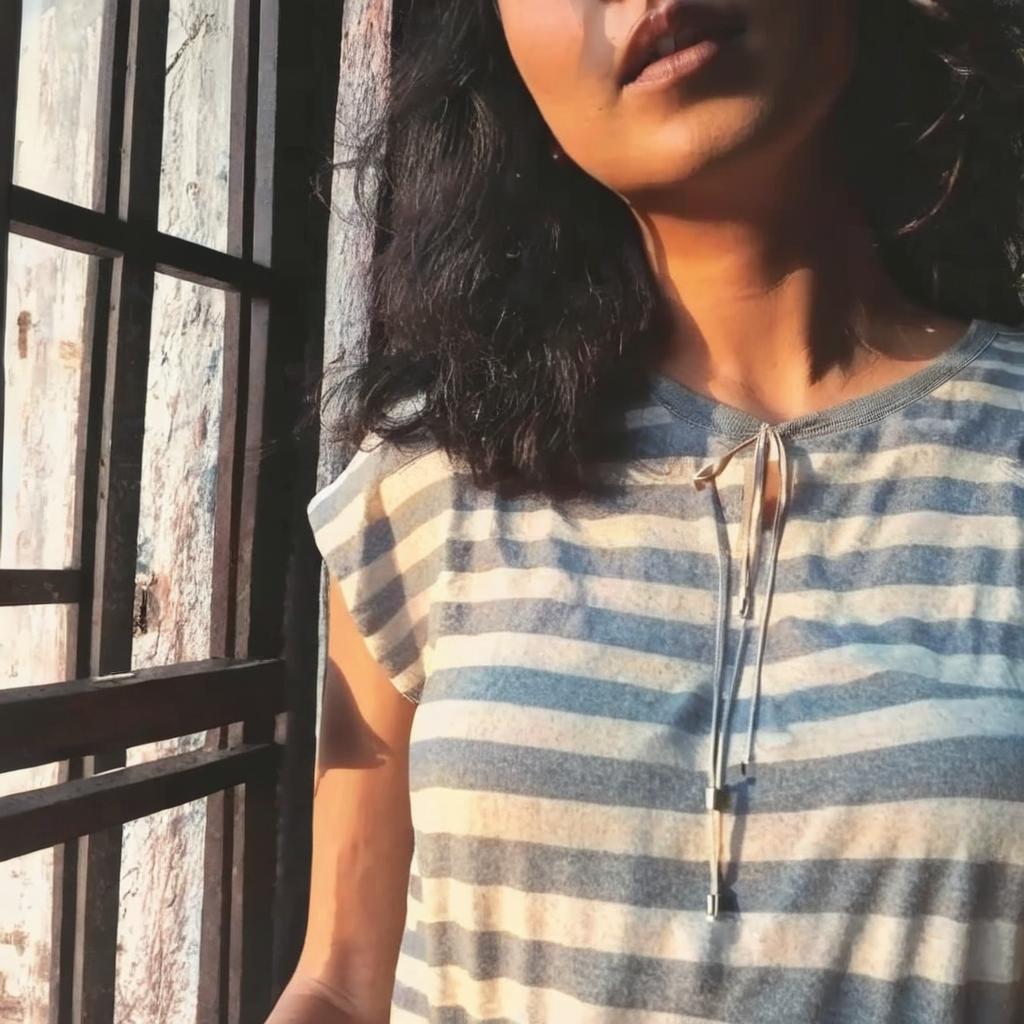 Serene Indoor Scene: Girl by Window with Artistic Light Patterns