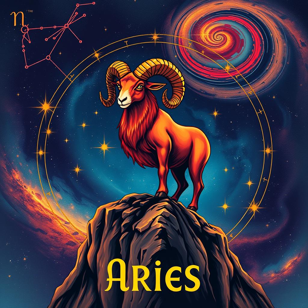 Vibrant Aries Zodiac Art: Majestic Ram Under Starry Sky