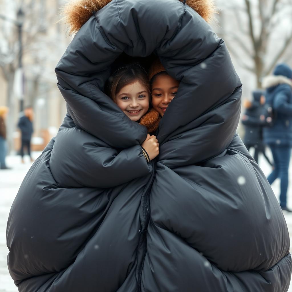 Cozy Playfulness: A Girl's Oversized Puffy Coat Adventure