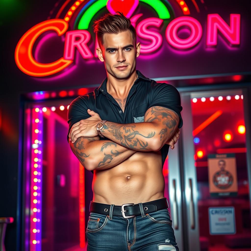 Captivating Nightlife: Tattooed Male Model at Crimson Nightclub