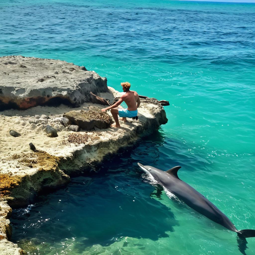 Breathtaking Coastal Scene with Young Man and Dolphin